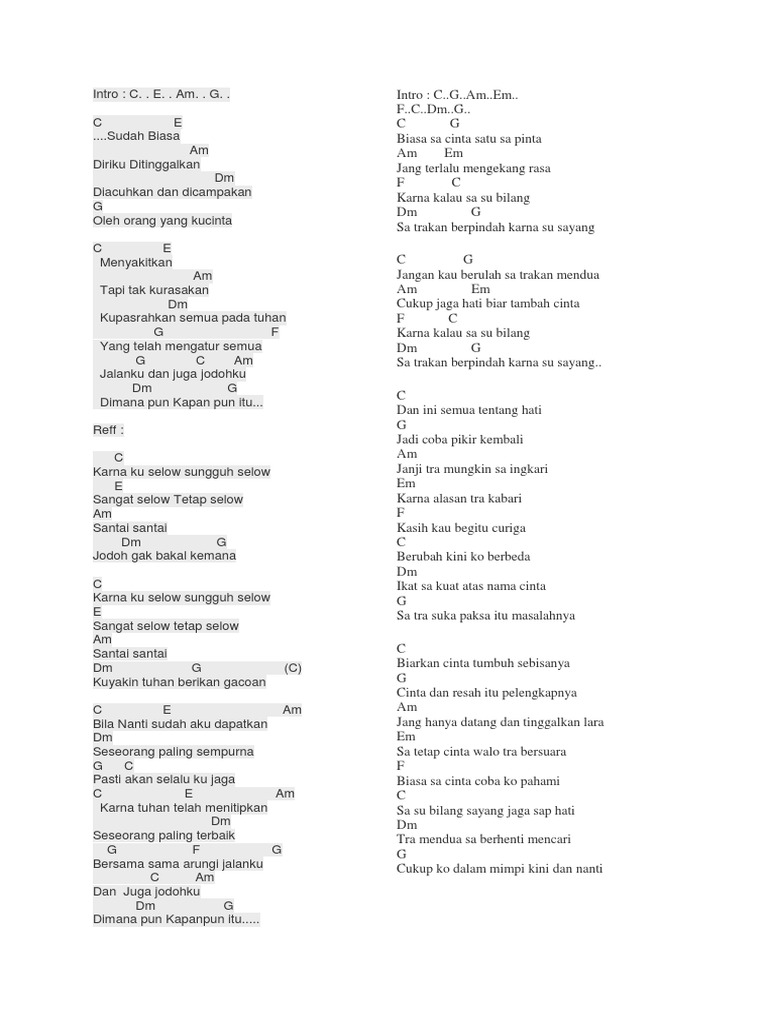 Lirik dan Chord Lagu Cinta Selow | PDF