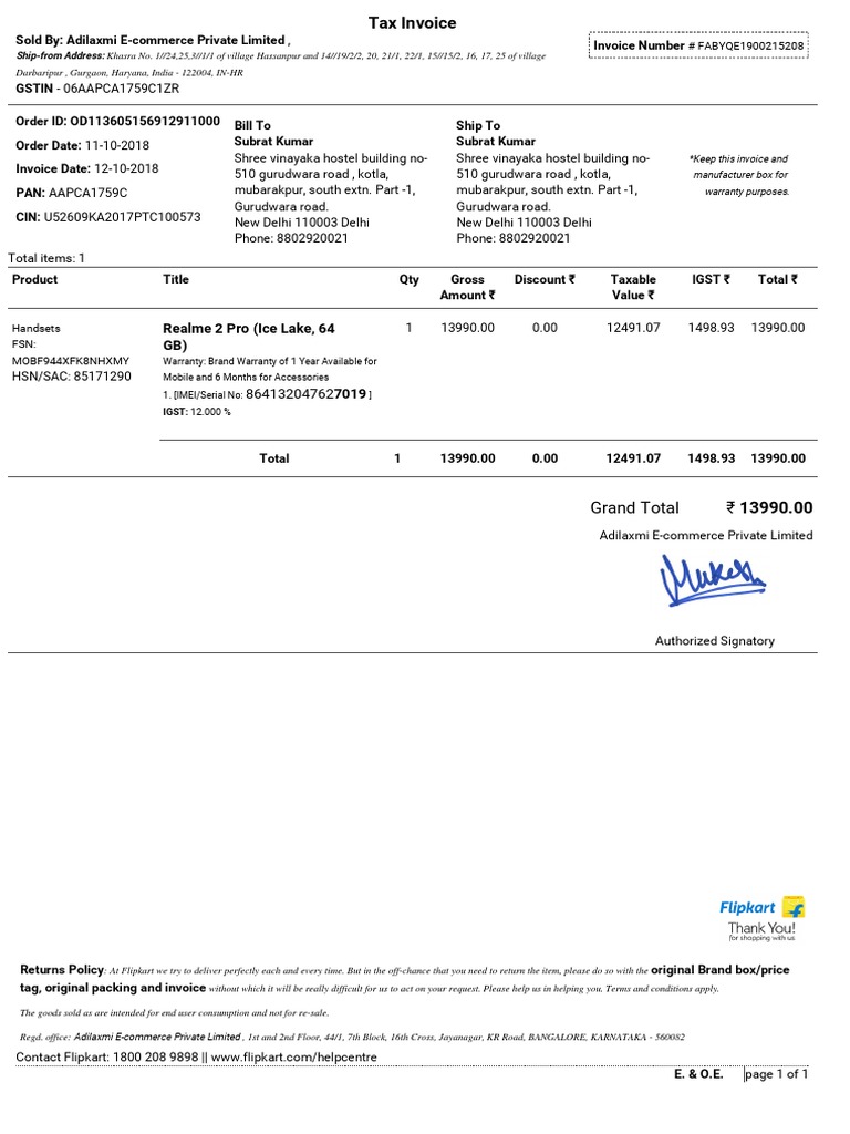 Invoice for Realme 2 Pro Purchase | PDF | Business