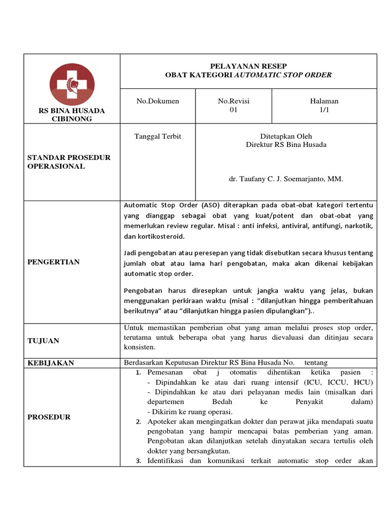 Spo Pelayanan Resep Obat Kategori Automatic Stop Order RSBH | PDF