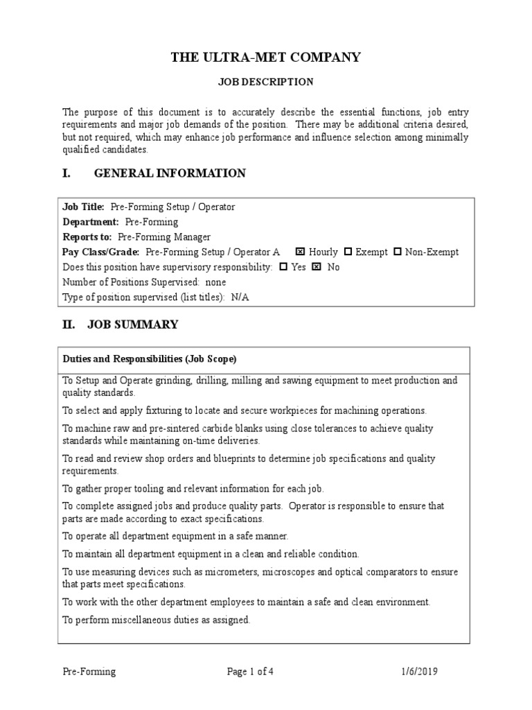 Job Description - Pre-Forming | PDF | Competence (Human Resources ...