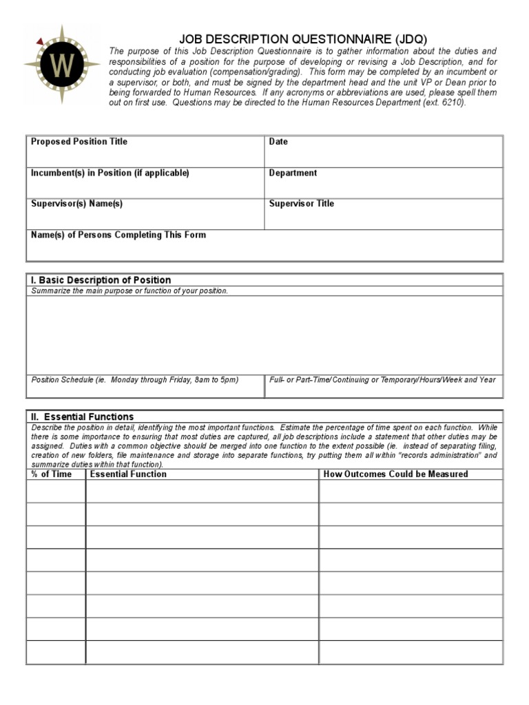 Job Description Questionnaire | PDF