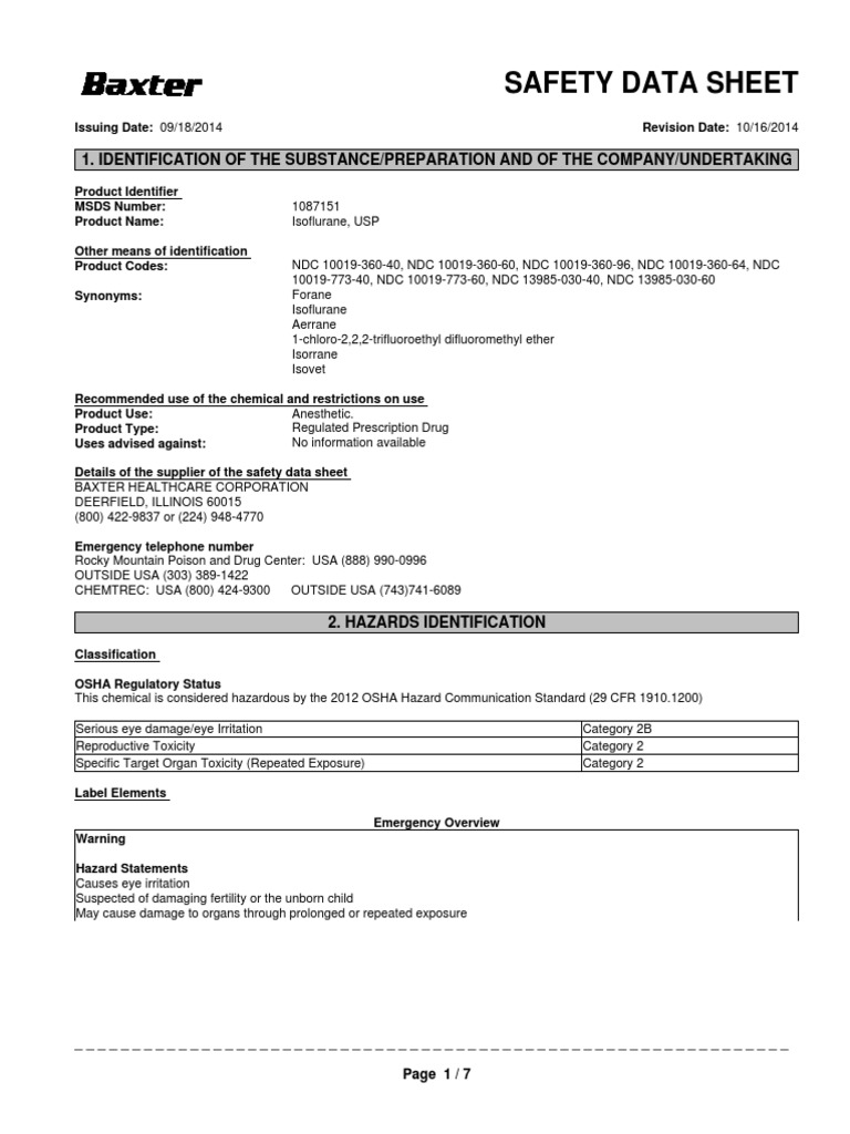 Isoflurane Safety Data Sheet | PDF | Toxicity | Personal Protective ...