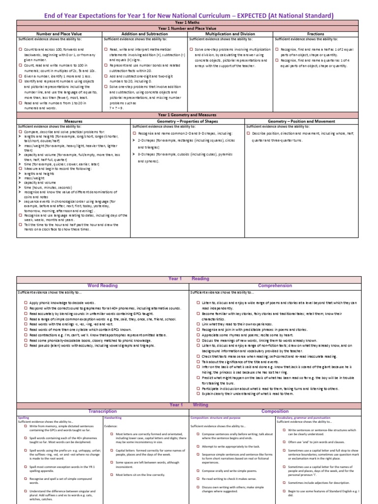 Year 1 National Curriculum Expectations | PDF | Word | Reading (Process)