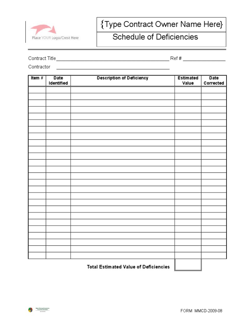 Schedule of Contract Deficiencies Form | PDF | Finance & Money Management