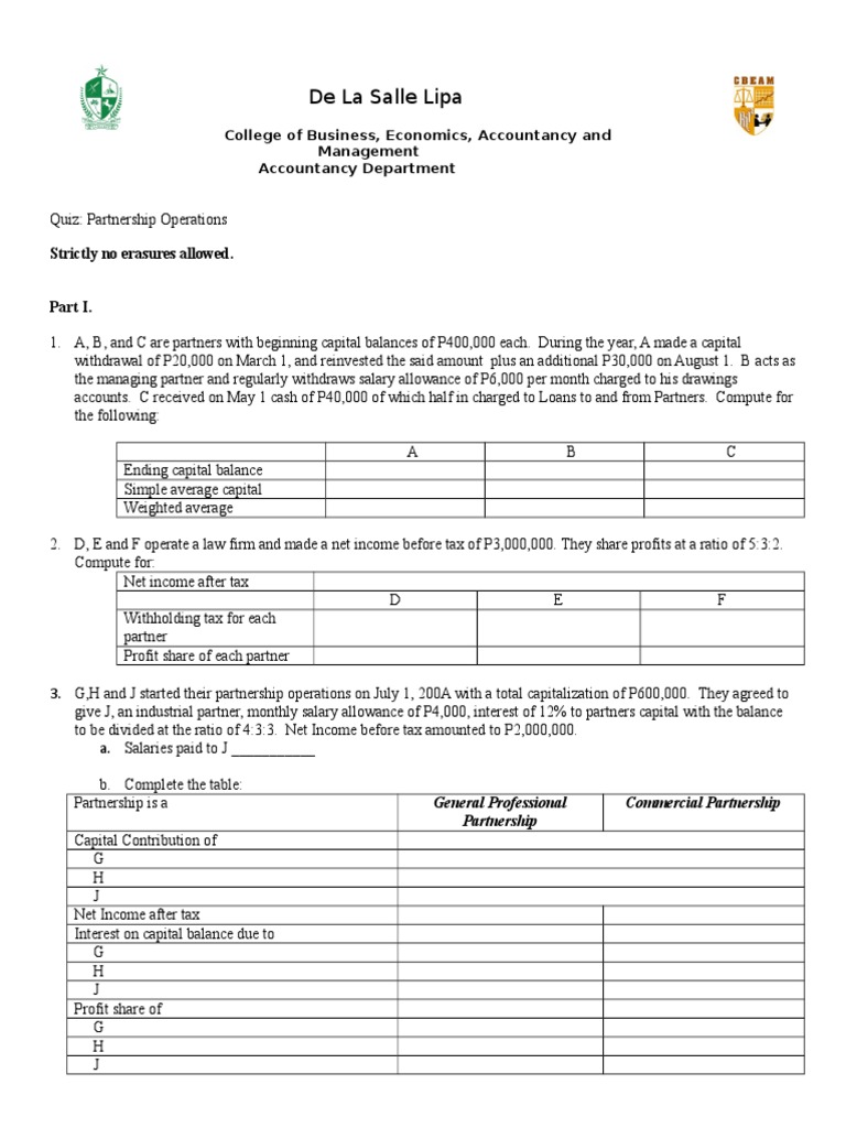 Partnership Operations Quiz: Analyzing Capital Accounts, Profit ...