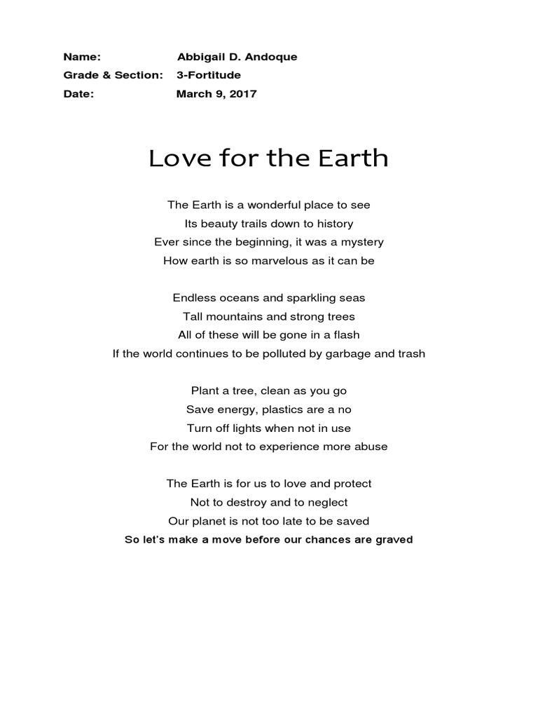 Love for Our Earth: A Poem | PDF | Science & Mathematics