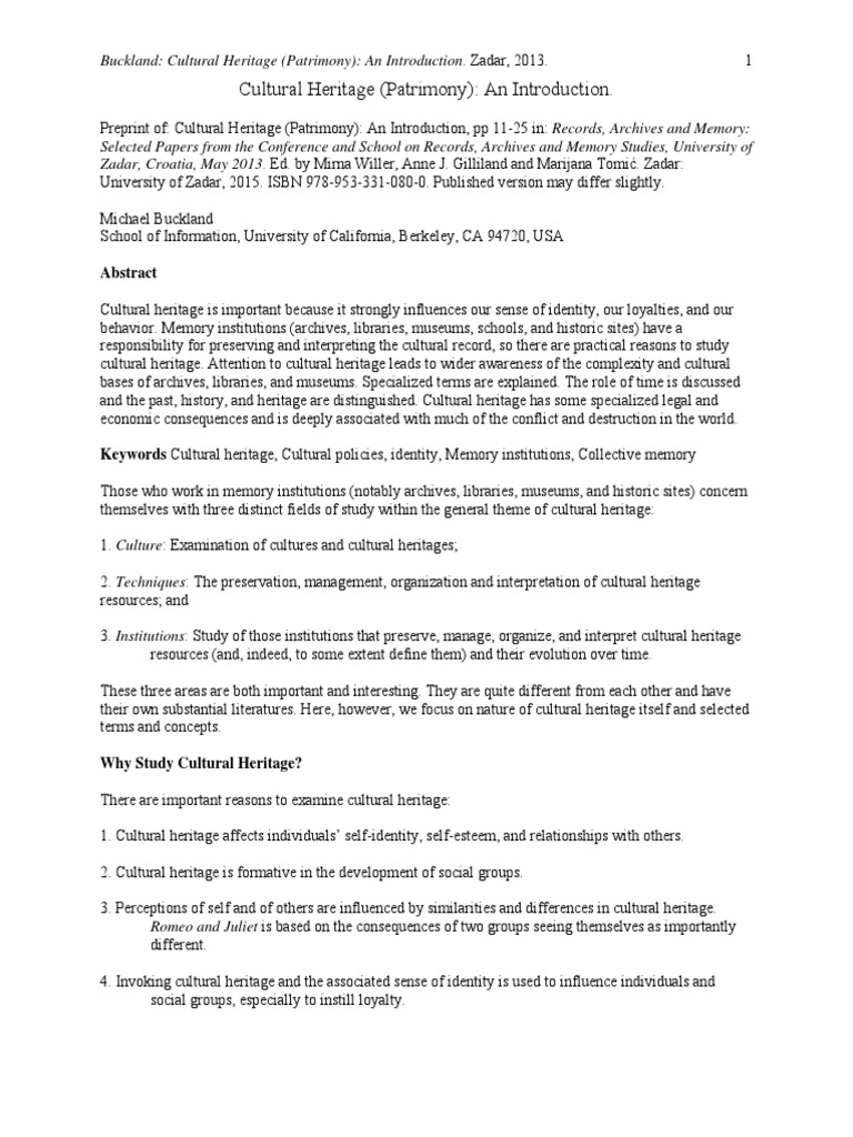 Introduction to Cultural Heritage | PDF