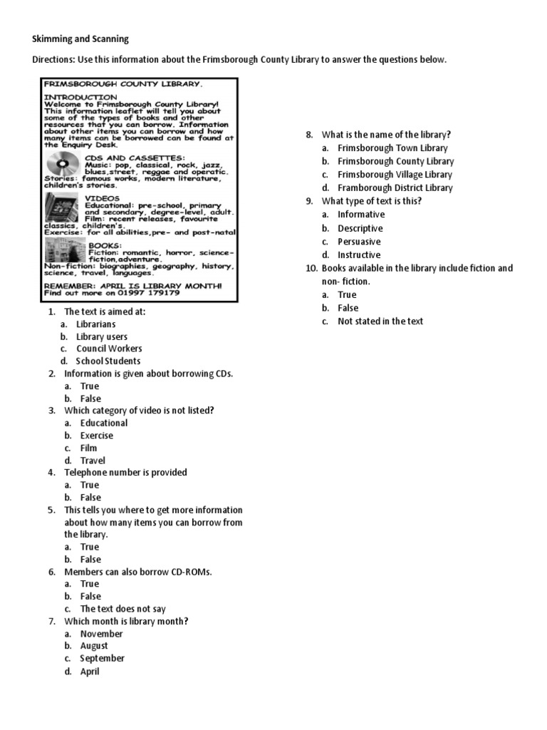 Skimming and Scanning Quiz | PDF
