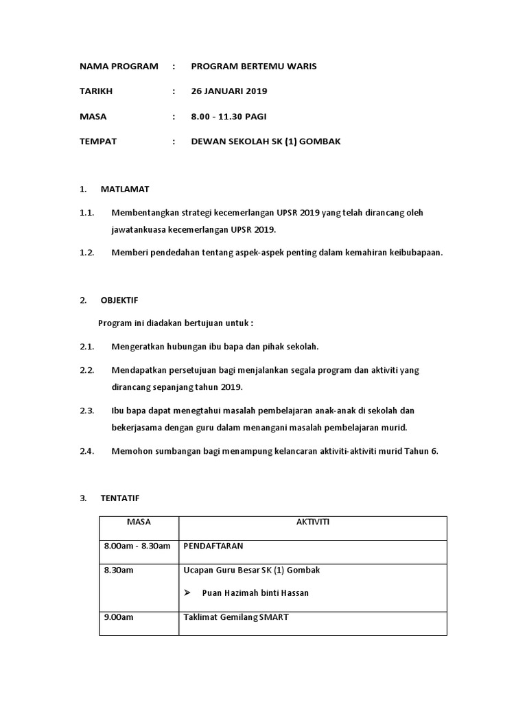 Kertas Kerja Program Bertemu Waris Tahun 6 2019 | PDF