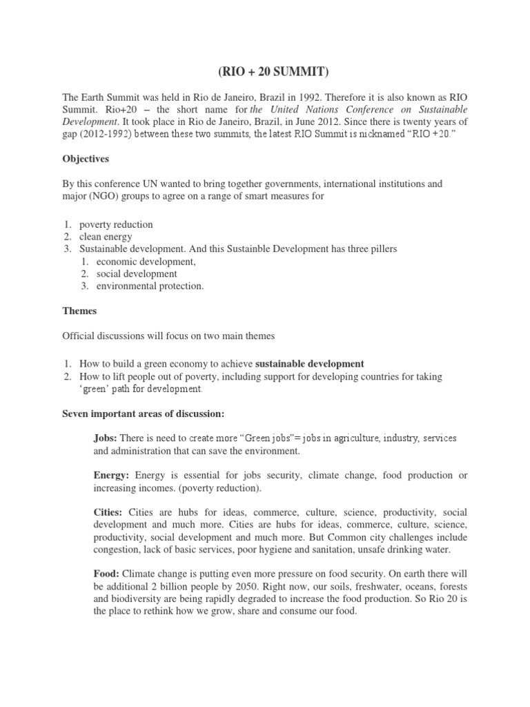 (Rio + 20 Summit) : Development. It Took Place in Rio de Janeiro ...