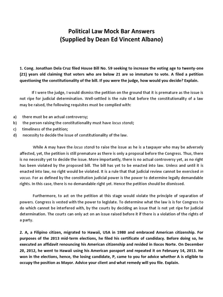 2025 Political Law Mock Bar Answers | PDF | United States Nationality ...