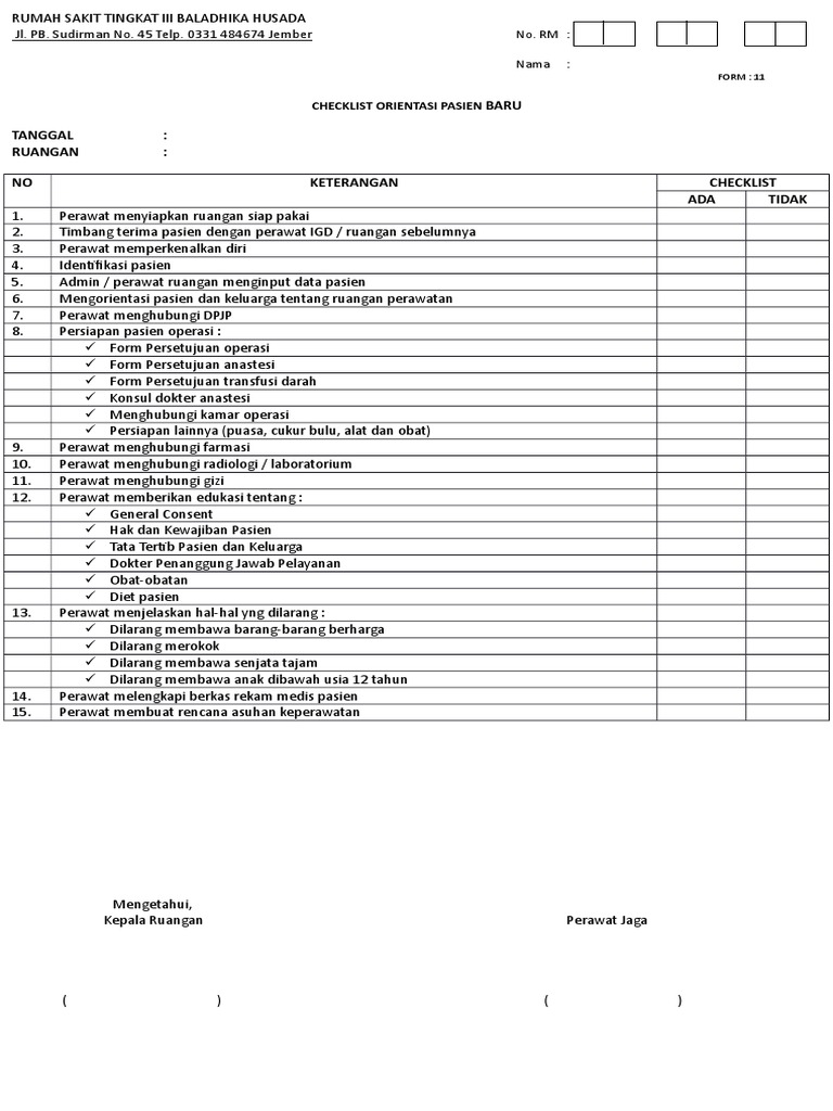 Form Checklist Orientasi Asien Baru | PDF