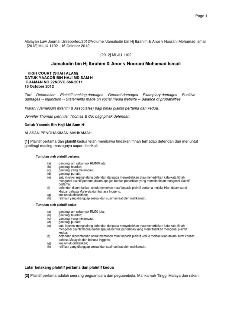 Jamaludin Bin HJ Ibrahim & Anor V Noorani Mo | PDF