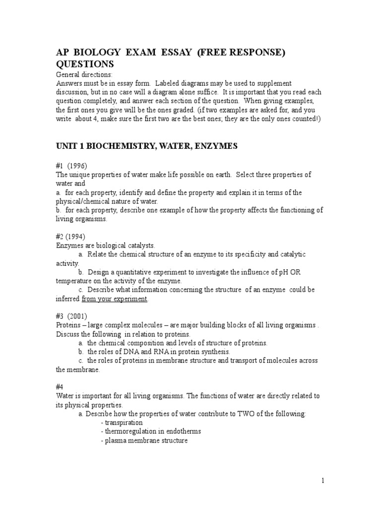 Ap Biology Exam Essay (Free Response) Questions: Unit 1 Biochemistry ...