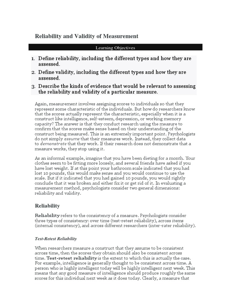 Reliability and Validity of Measurement: Learning Objectives | Download ...