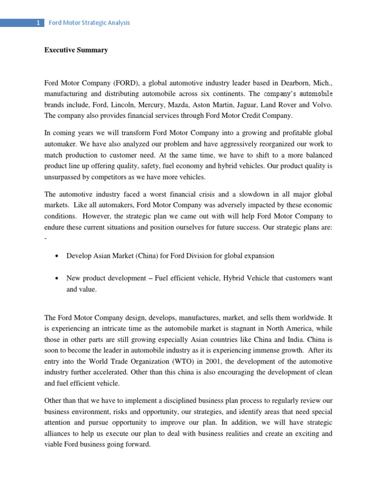 Executive Summary: Ford Motor Strategic Analysis | PDF | Ford Motor ...