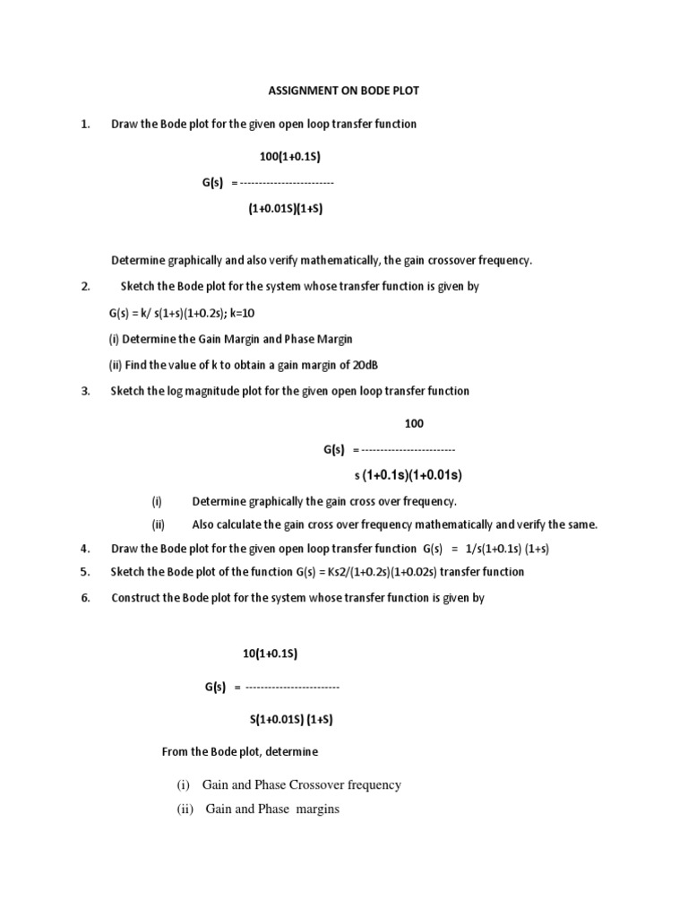 Assignment On Bode Plot: (I) Gain and Phase Crossover Frequency (Ii ...