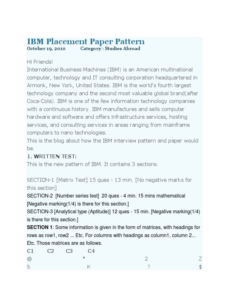 IBM Placement Paper Pattern | PDF | Matrix (Mathematics) | Printer ...