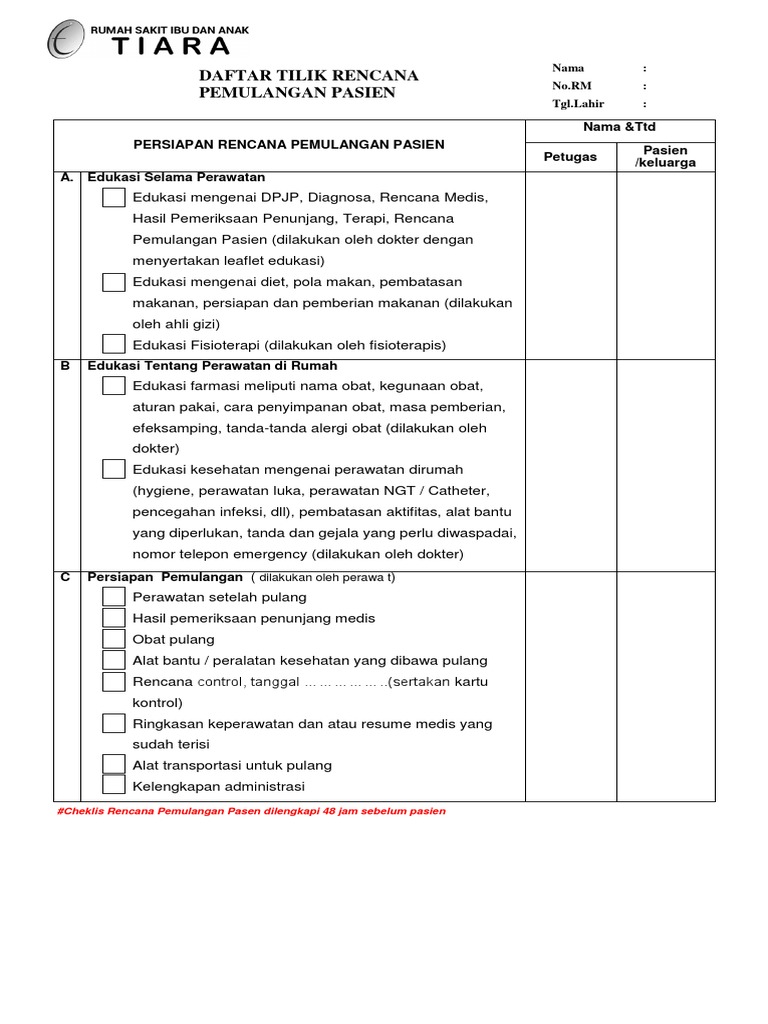 Daftar Tilik Rencana Pemulangan Pasien | PDF