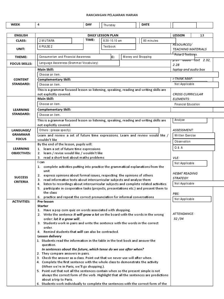 Form 2 Lesson Plan Cefr 2018mutiara13 | Download Free PDF | Lesson Plan ...