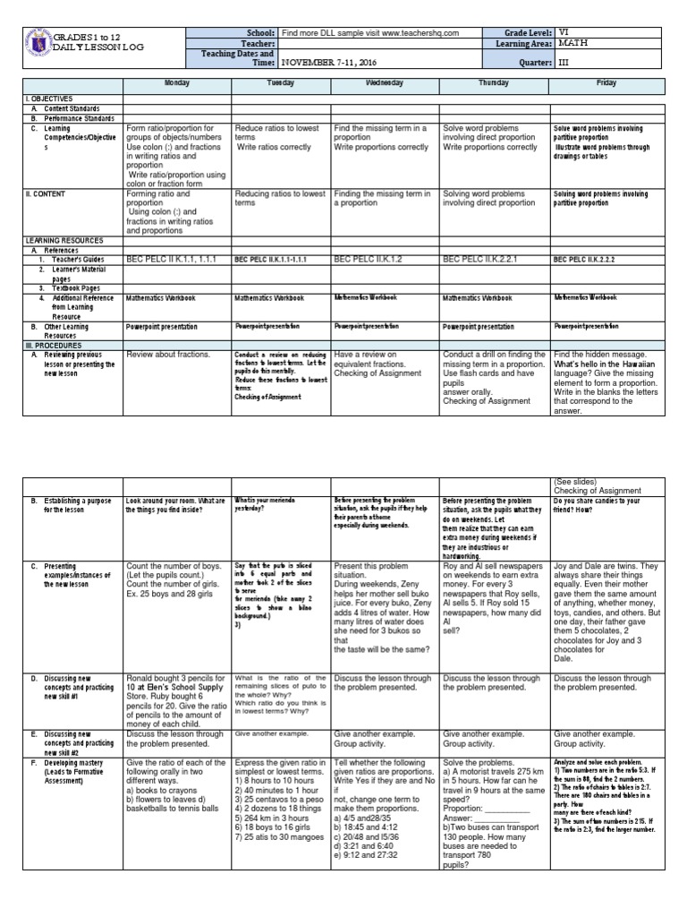 Grade 6 Math DLL: Ratios & Proportions | PDF | Ratio | Teaching Mathematics