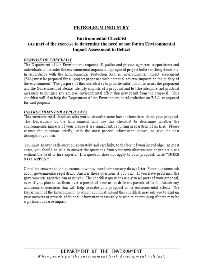 EIA Checklist Belize - Petroleum | PDF | Environmental Impact ...