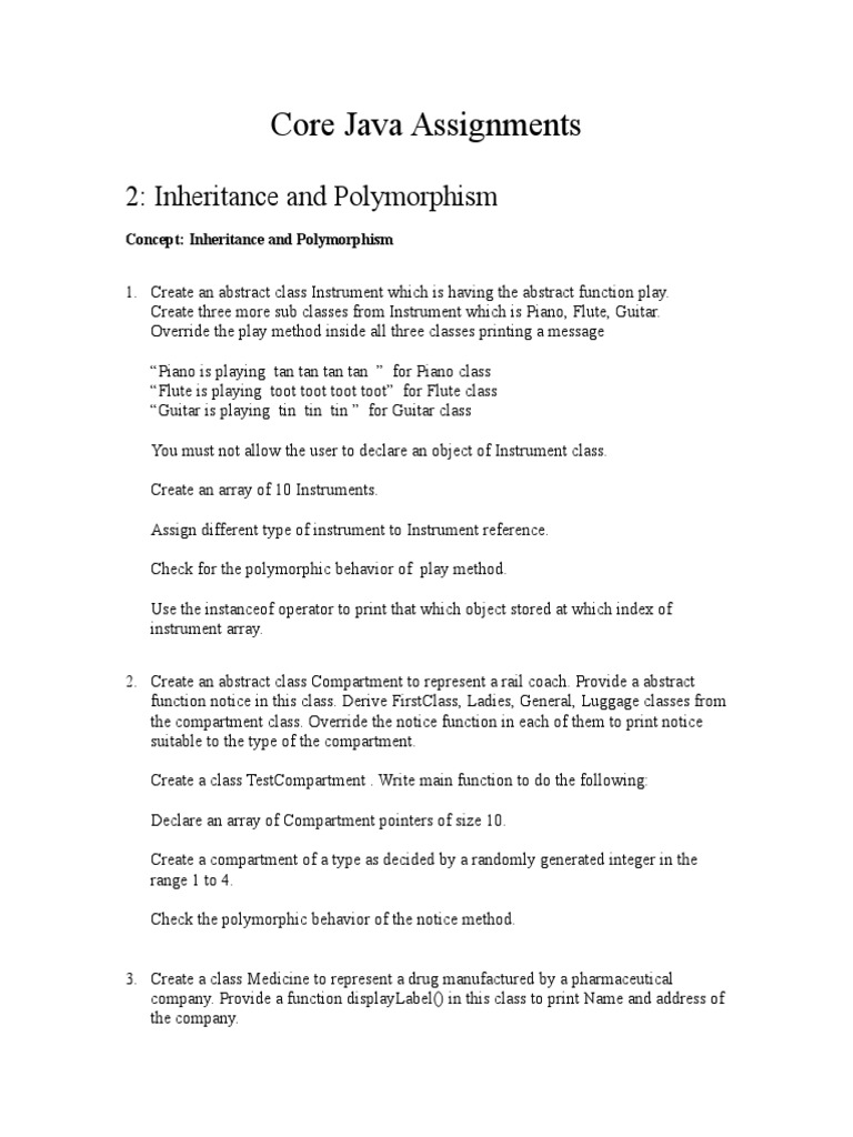 Core Java Assignments: 2: Inheritance and Polymorphism | PDF | Method ... Core Java Assignments: 2: Inheritance and Polymorphism | PDF | Method ...