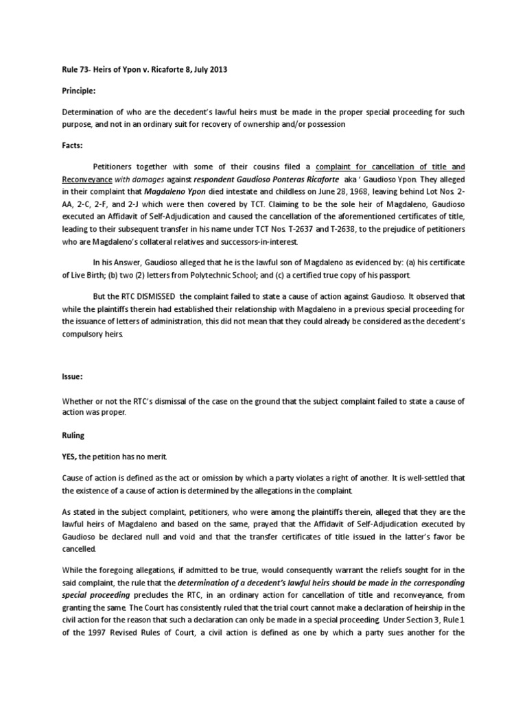 Rule 73 - Heirs of Ypon v. Ricaforte 8, July 2013 | PDF | Lawsuit ...