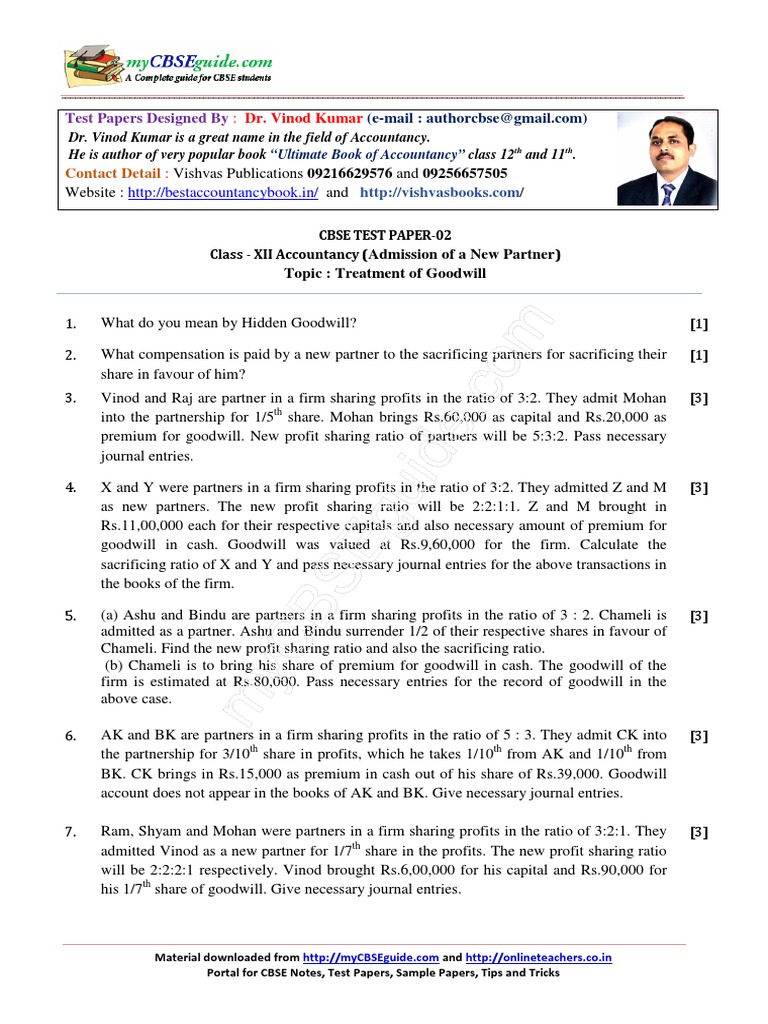 12 Accountancy Ch03 Test Paper 02 Treatment of Goodwill | PDF ...