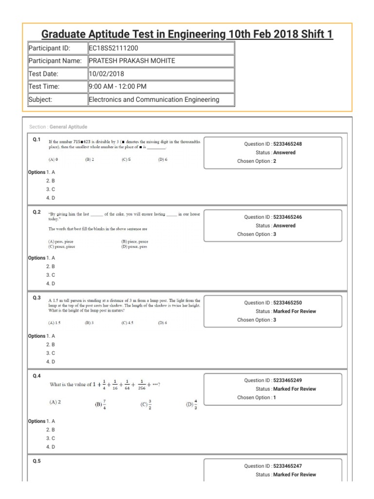 Graduate Aptitude Test in Engineering 10th Feb 2018 Shift 1 | PDF ...