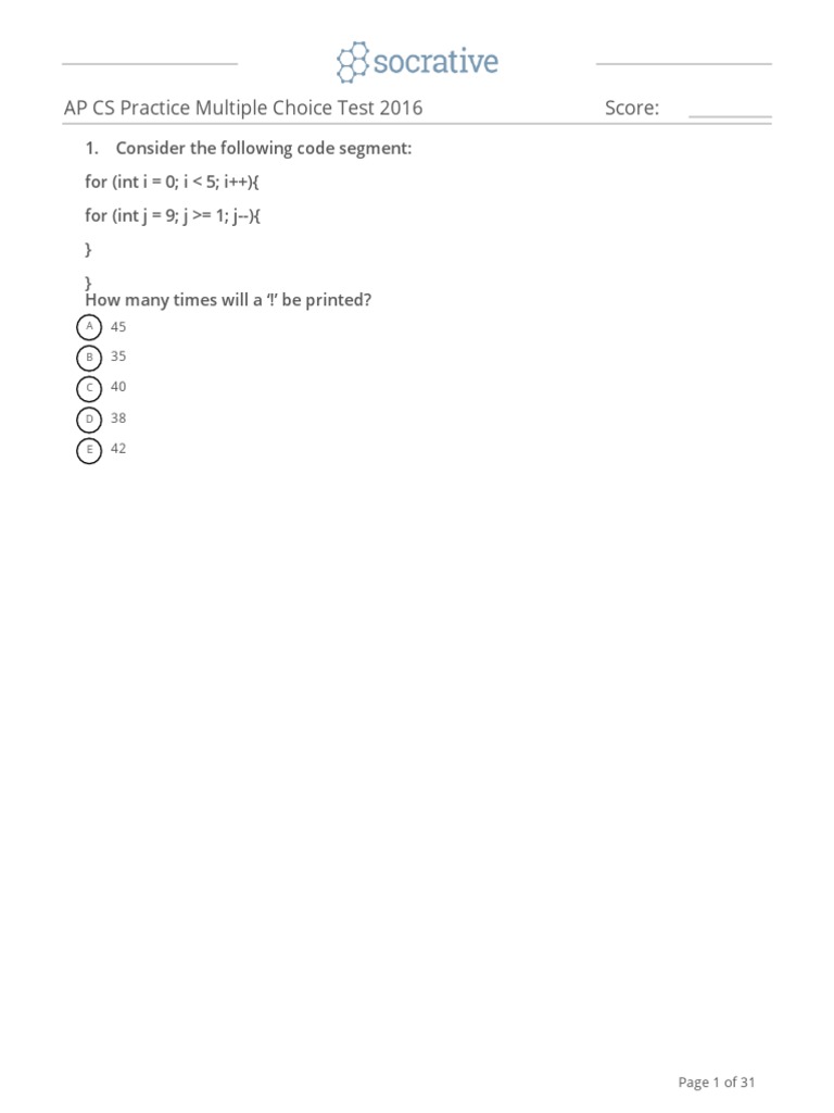 Quiz Apcspracticemultiplechoicetest2016 | PDF | C (Programming Language ...