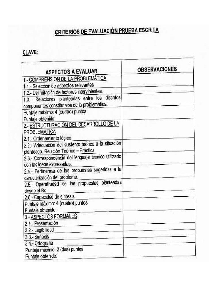 Criterios de Evaluación Prueba Escrita | PDF