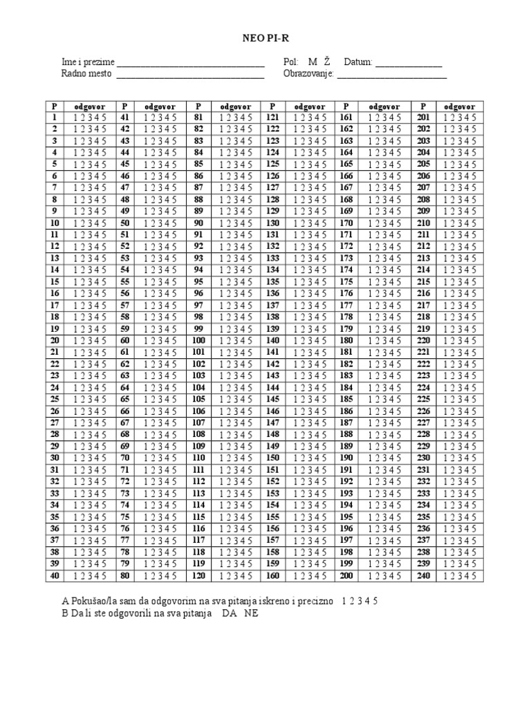 NEO PI R Obrazac Za Odgovore | PDF