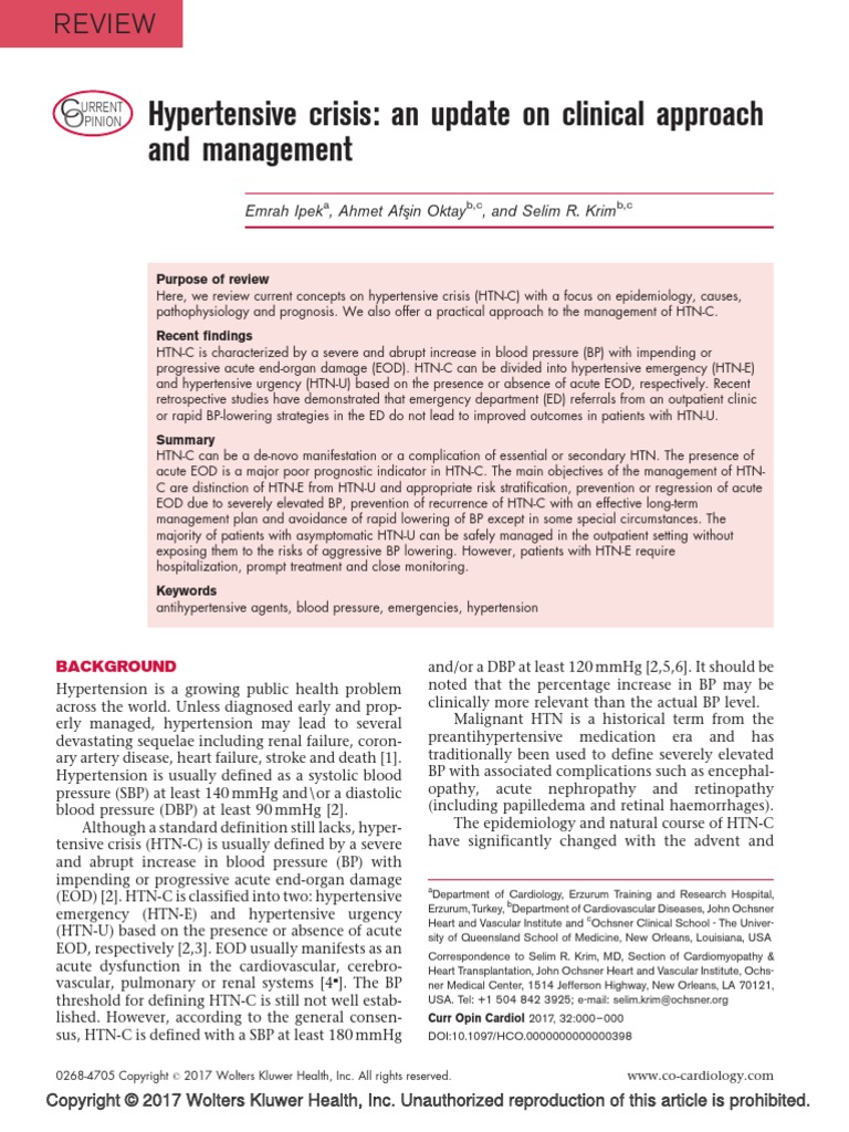 Hypertensive Crisis: An Update On Clinical Approach and Management ...
