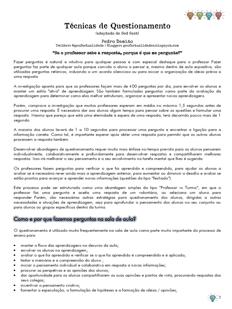 Técnicas de Questionamento | PDF | Pensamento | Aprendizado