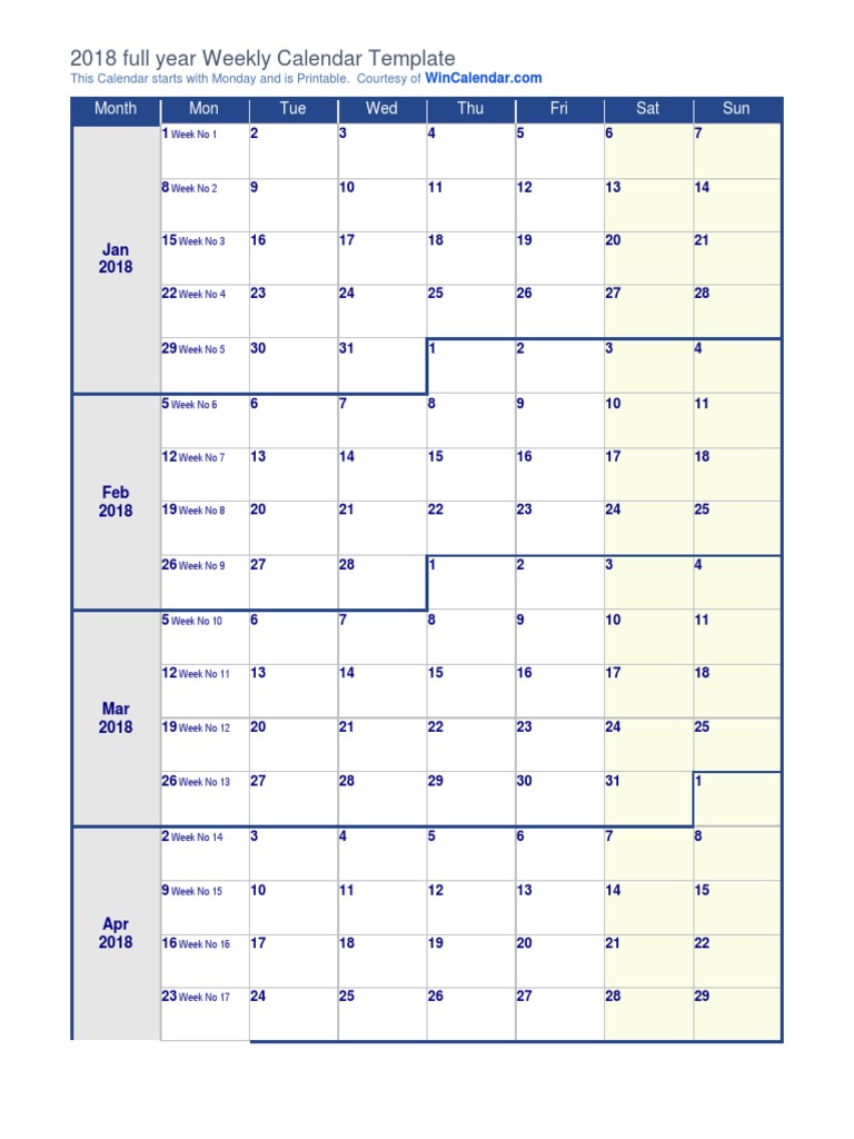 2018 Full Year Weekly Calendar Template: Month Mon Tue Wed Thu Fri Sat ...