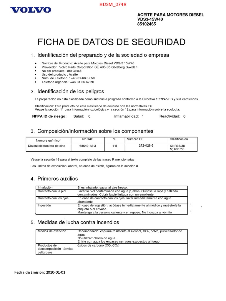 Ficha De Datos De Seguridad Para Un Aceite Para Motores Diesel Vds 3