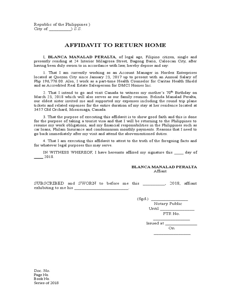 Affidavit to Return Home | Identity Document | Affidavit
