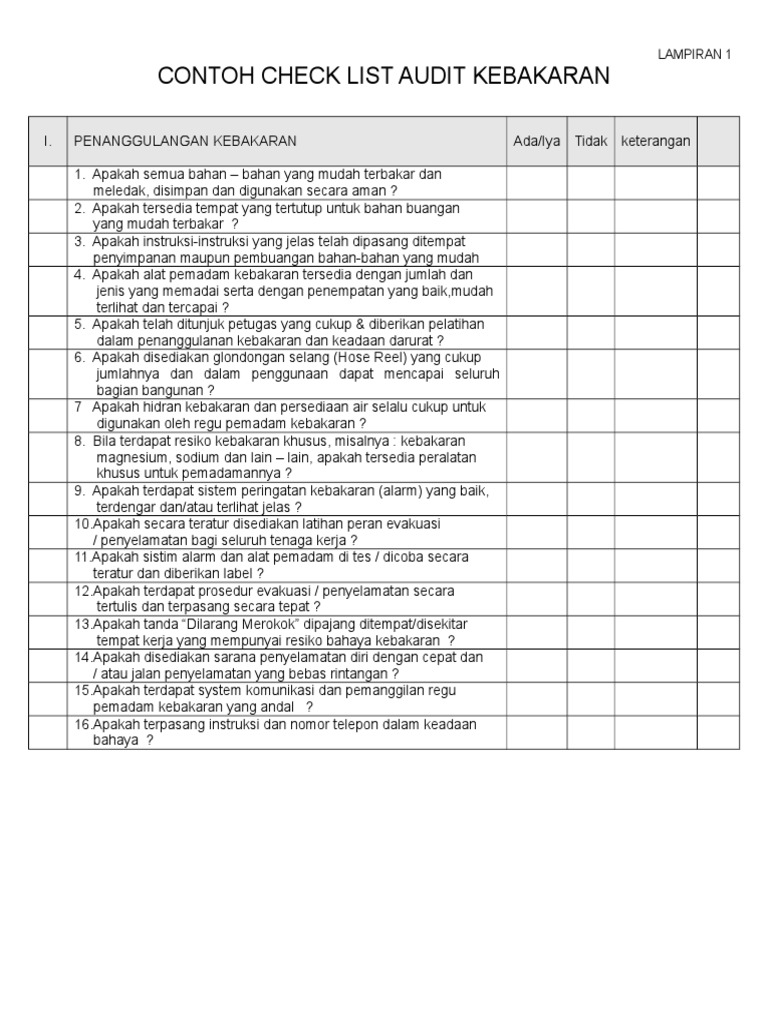 Contoh Checklist Audit Kebakaran (Penuh) | PDF