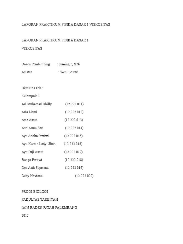 Laporan Praktikum Fisika Dasar 1 Viskositas | PDF