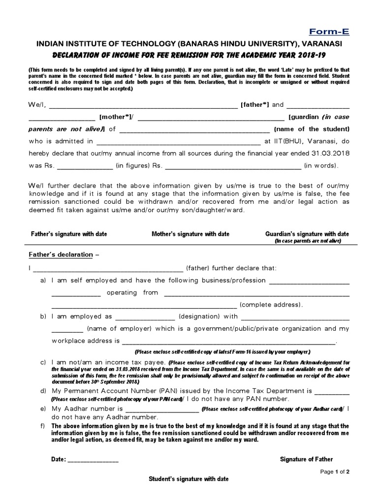 Declaration of Income For Fee Remission For The Academic Year 2018-19 ...