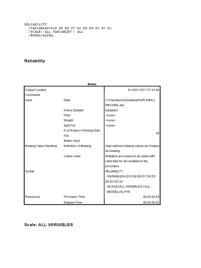 Reliability: Reliability /variables D10 D9 D8 D7 D6 D5 D4 D3 D2 D1 ...