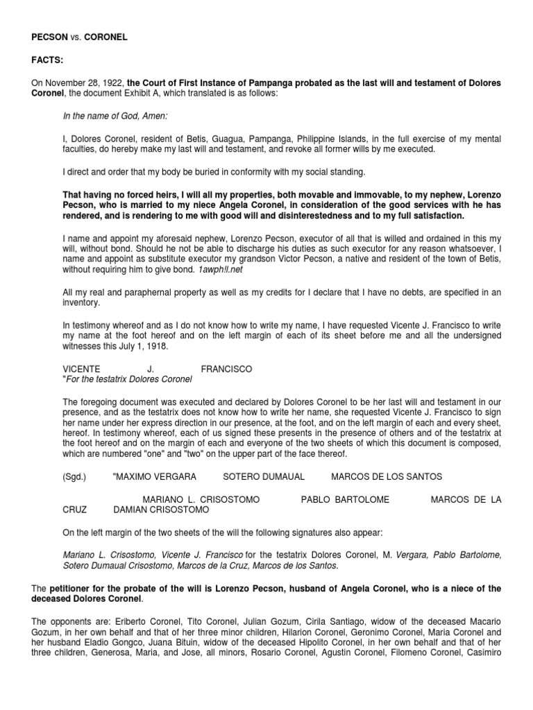 Pecson Vs Coronel DIGEST | PDF | Will And Testament | Evidence