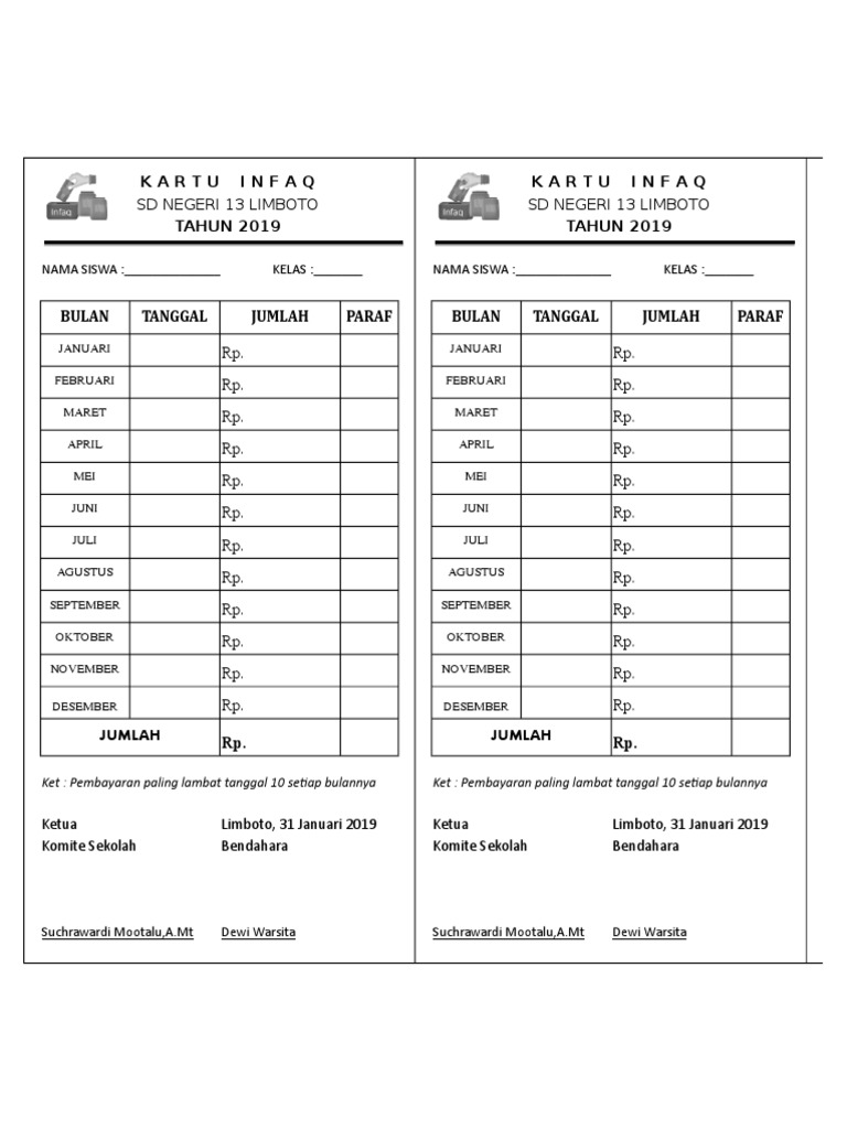 Kartu Infaq Sekolah SD Negeri 13 | PDF