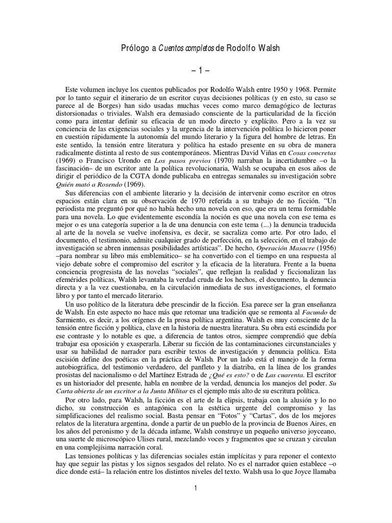 Piglia, Ricardo - Prólogo A Cuentos Completos de Rodolfo Walsh | PDF ...