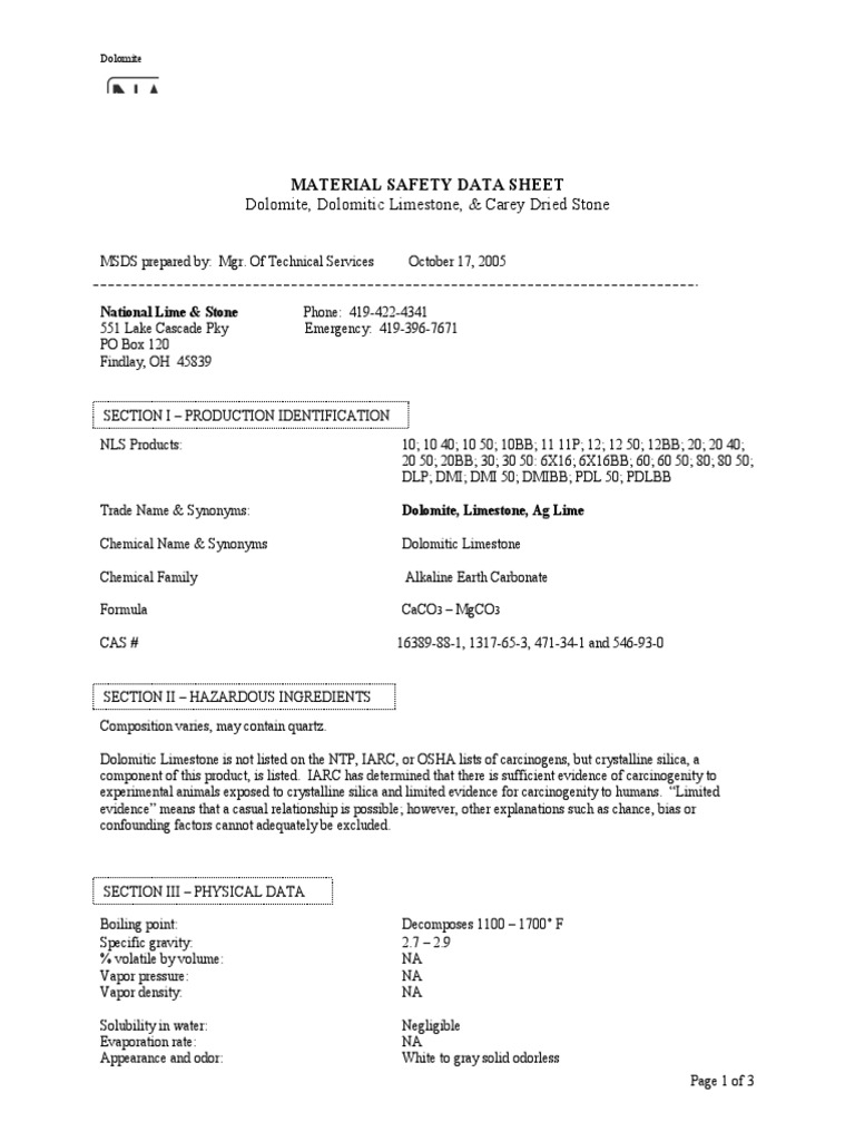 Dolomite, Dolomitic Limestone, & Carey Dried Stone: Material Safety ...