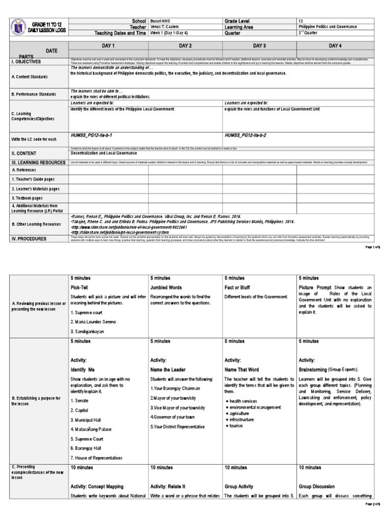 Philippine Local Governance Lesson Plan | PDF | Local Government | Learning