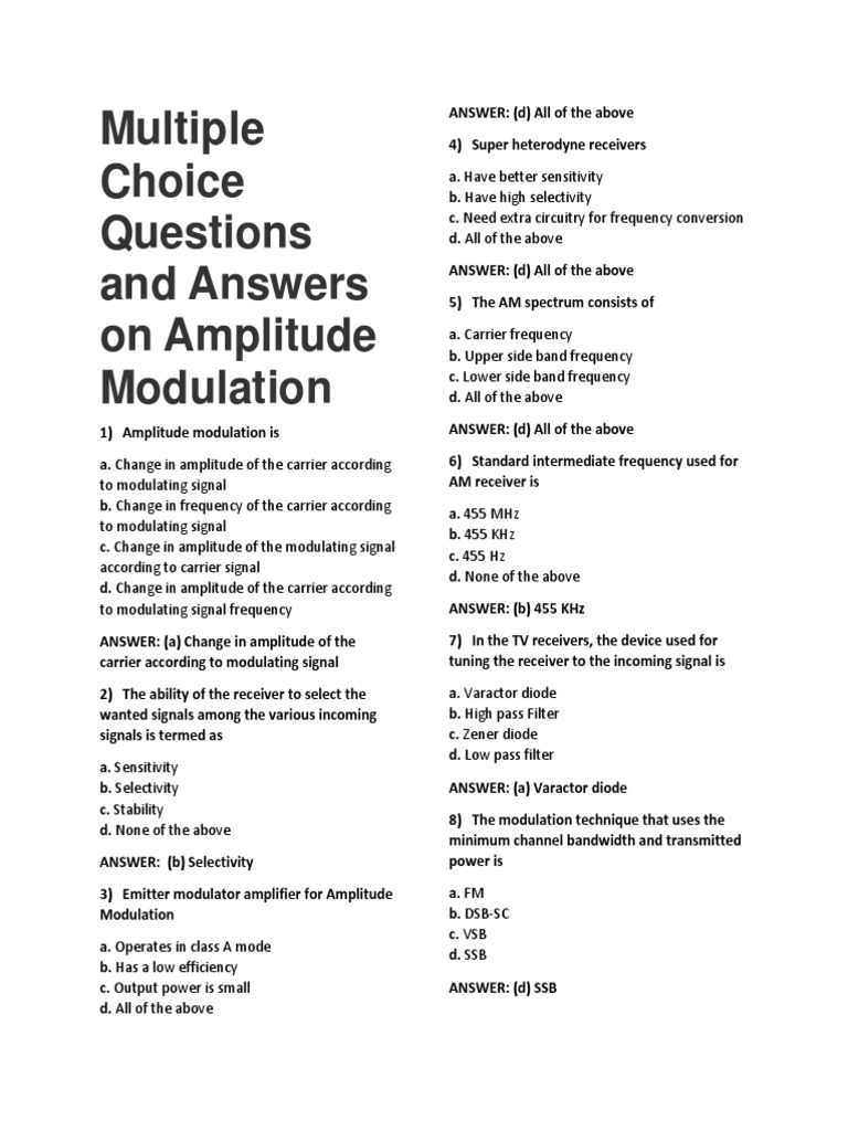 Multiple Choice Questions and Answers On Amplitude Modulation | PDF ...