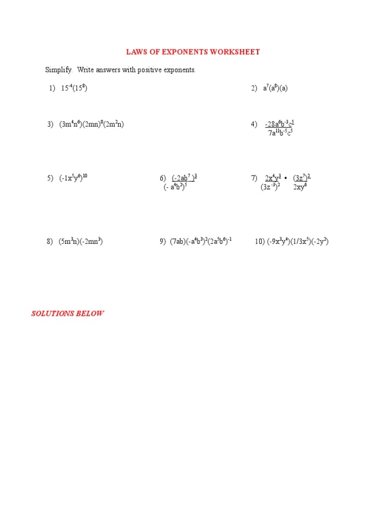 Laws of Exponents Worksheet | PDF