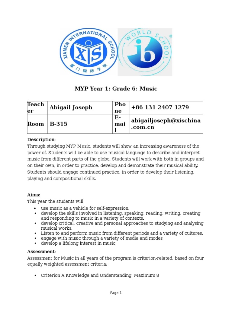 MYP Year 1: Grade 6 Music | PDF